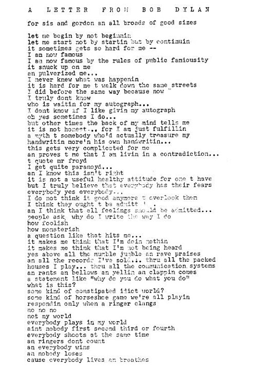 Revisit a sprawling letter from Bob Dylan about money, fame and love ...